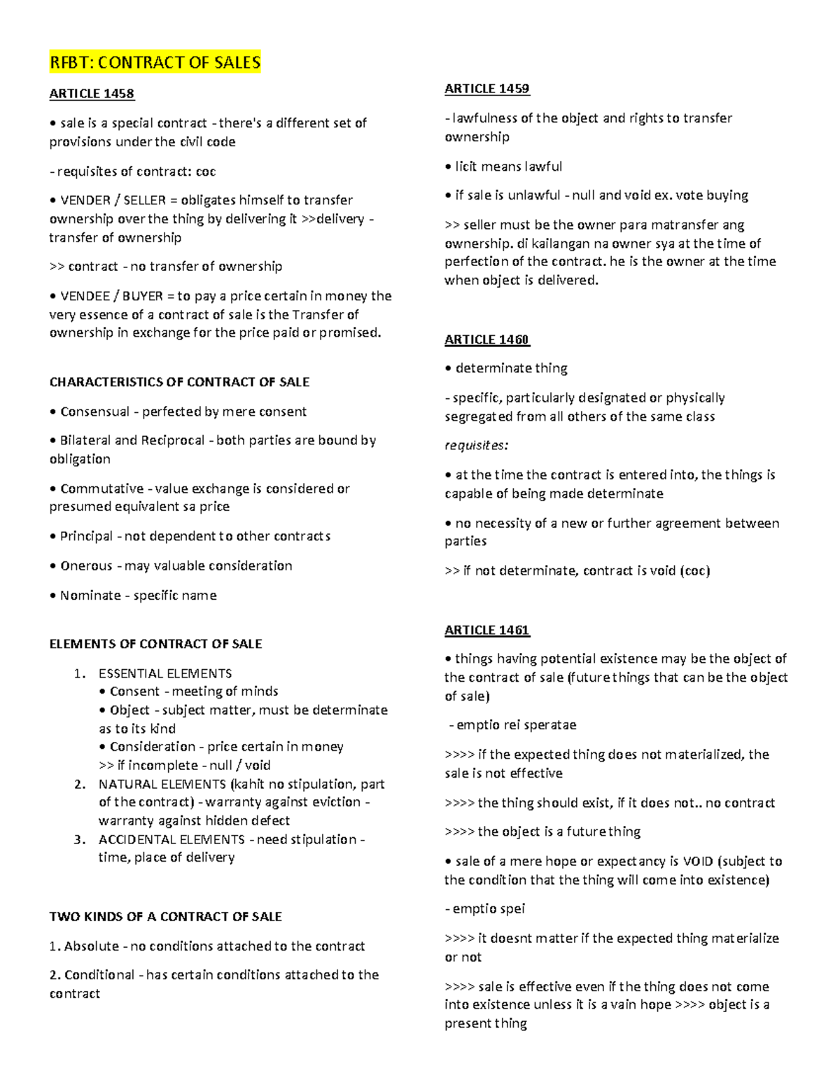 RFBT: Notes on Contract of Sale - Articles 1458 to 1479 Overview - Studocu