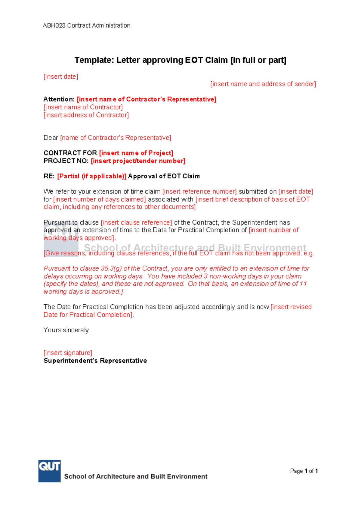 ABH323 Contract Administration: EOT Claim Approval Template - Studocu