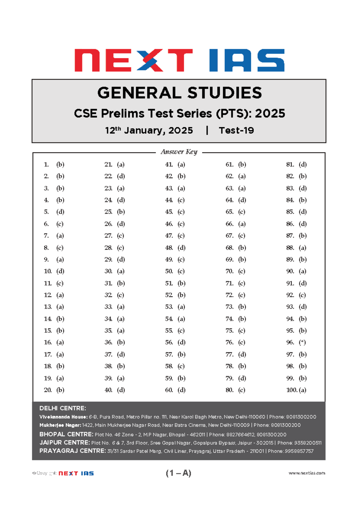 PTS (GS): CSE 2025 General Studies Prelims Test Series Answer Key ...