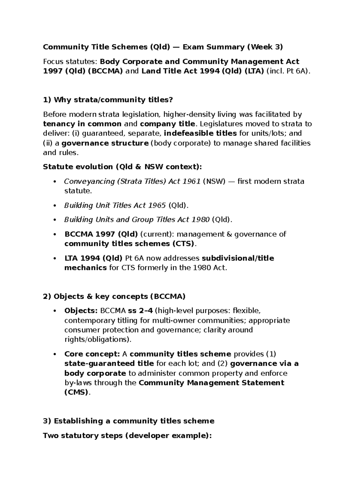 Community Title Schemes (Qld) Exam Summary - Week 3 Insights - Studocu