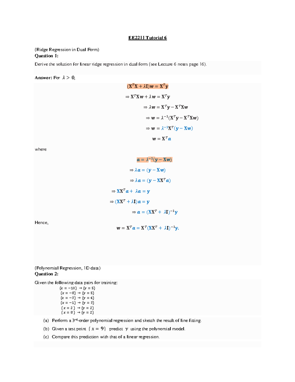 EE2211 Tutorial 6: Q&A on Ridge Regression and Polynomial Modeling ...
