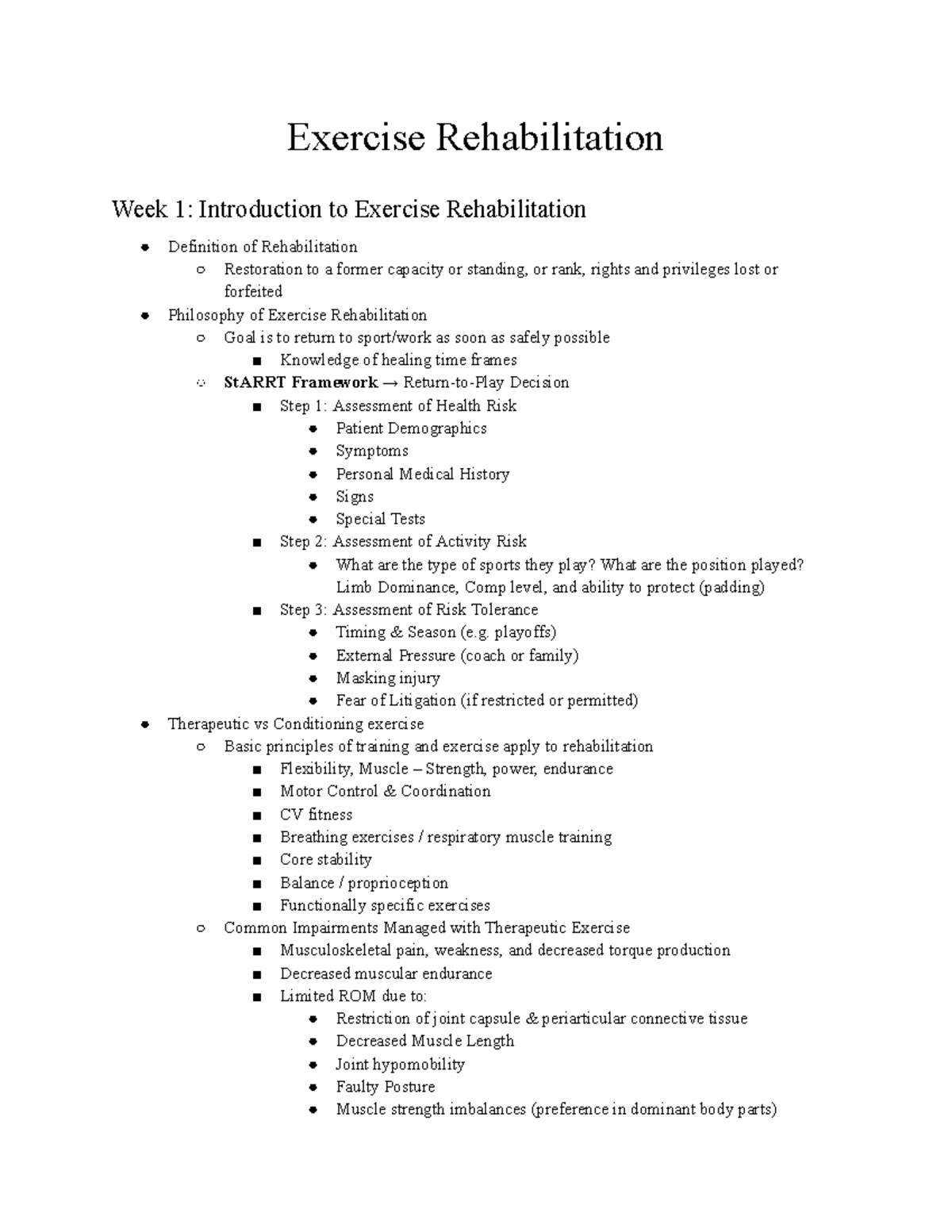 Exercise Rehabilitation Overview: Week 1 Fundamentals and Assessments ...