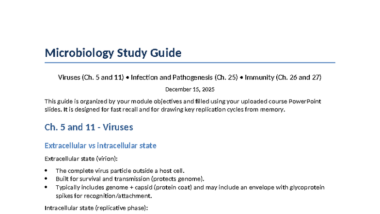 Microbiology Study Guide: Viruses (Ch. 5, 11), Infection (Ch. 25 ...