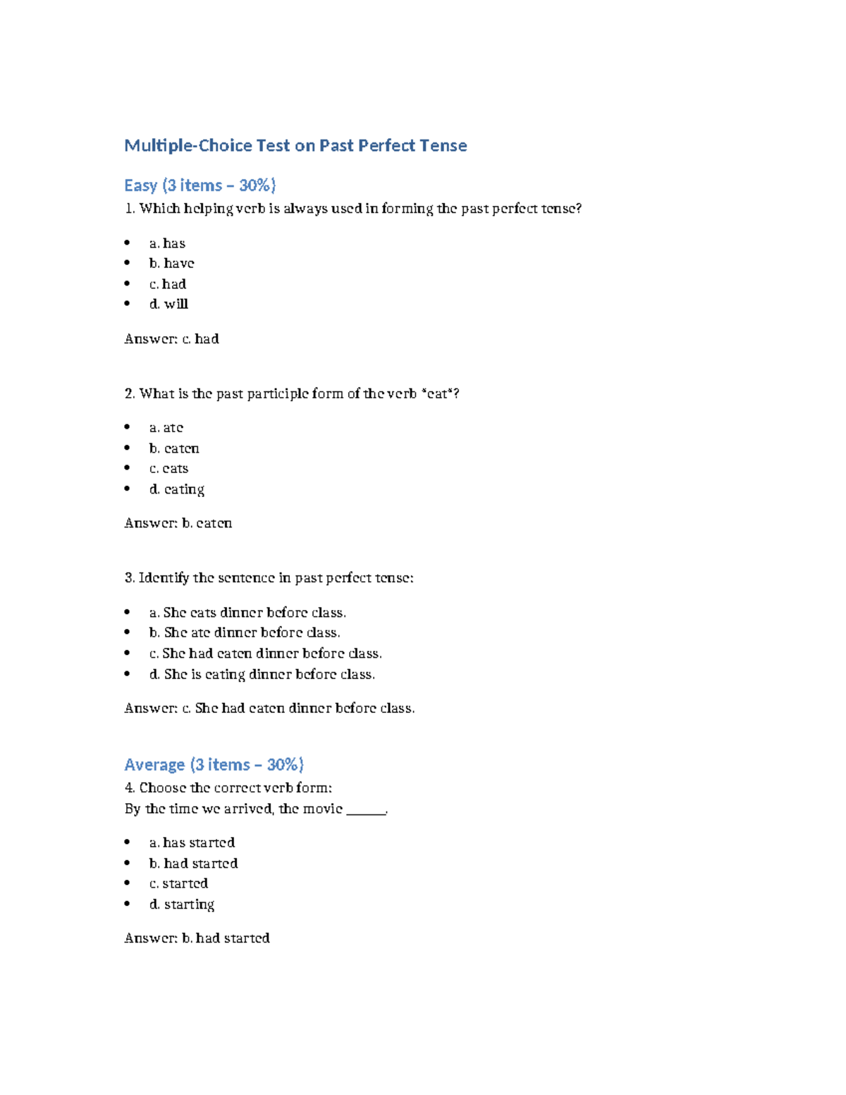Past Perfect Tense Test (Easy to Difficult) - TOS - Studocu