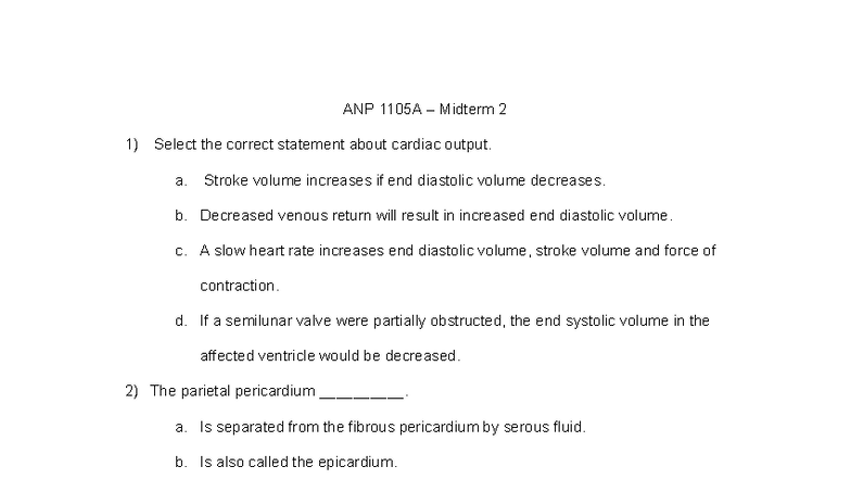 ANP 1105A Midterm 2: Cardiac Output and Heart Function Questions - Studocu