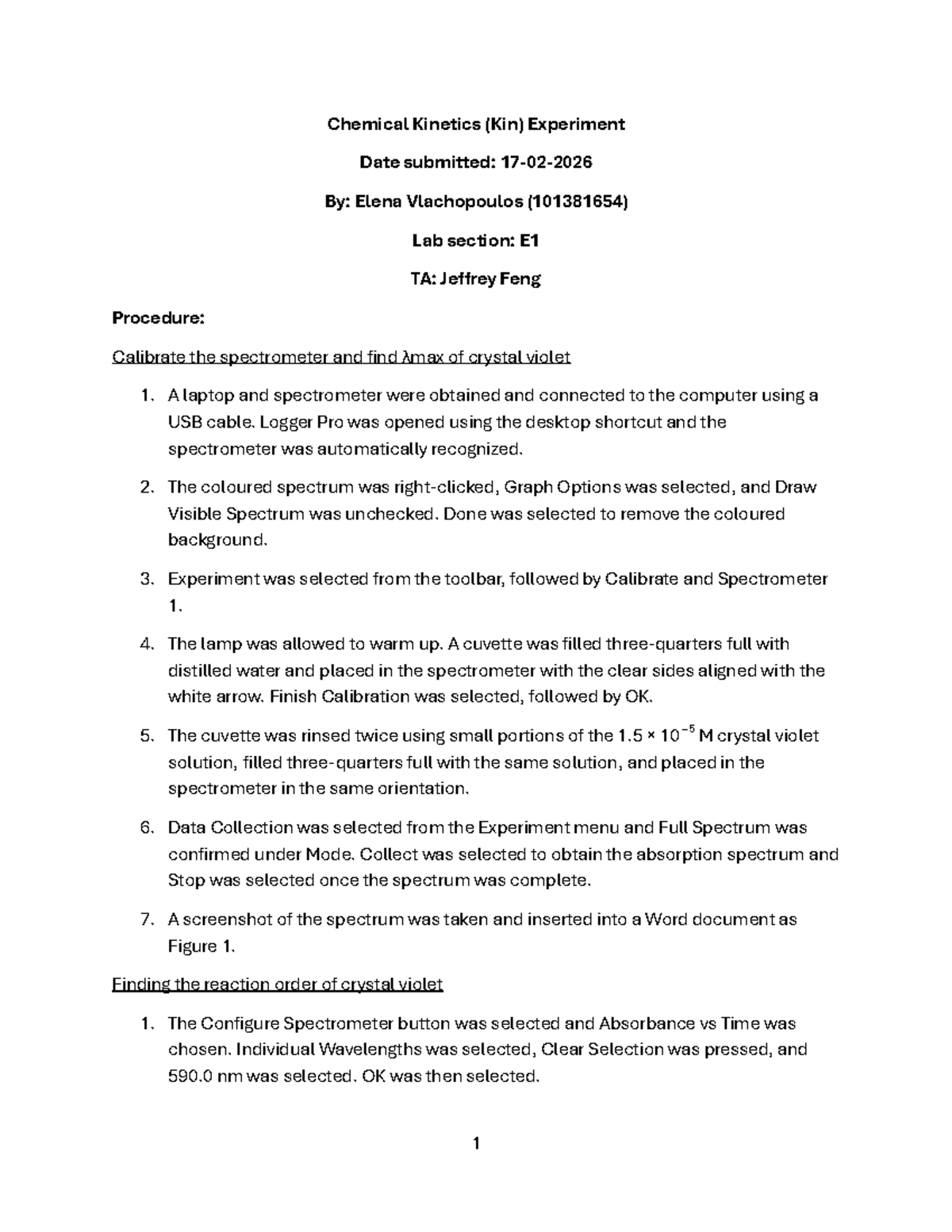 Chemical Kinetics (Kin) Lab Report: Reaction Order & Activation Energy ...