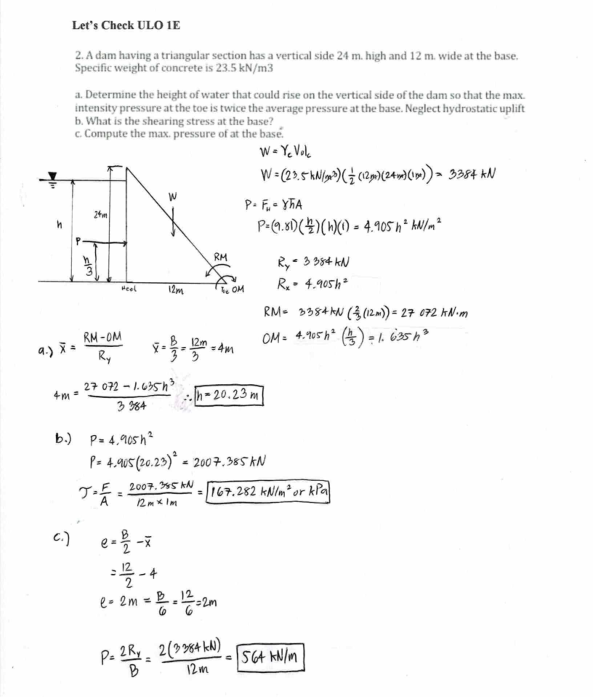 Dam Analysis: Triangular Section Pressure Calculations (ULO 1E 2) - Studocu