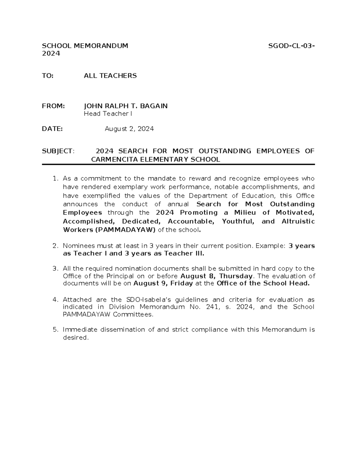 SCHOOL MEMORANDUM 2024: PAMMADAYAW Criteria for Outstanding Employees ...