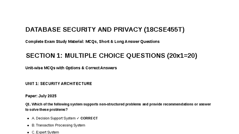 DATABASE SECURITY AND PRIVACY (18CSE455T) Comprehensive Exam Guide - Studocu