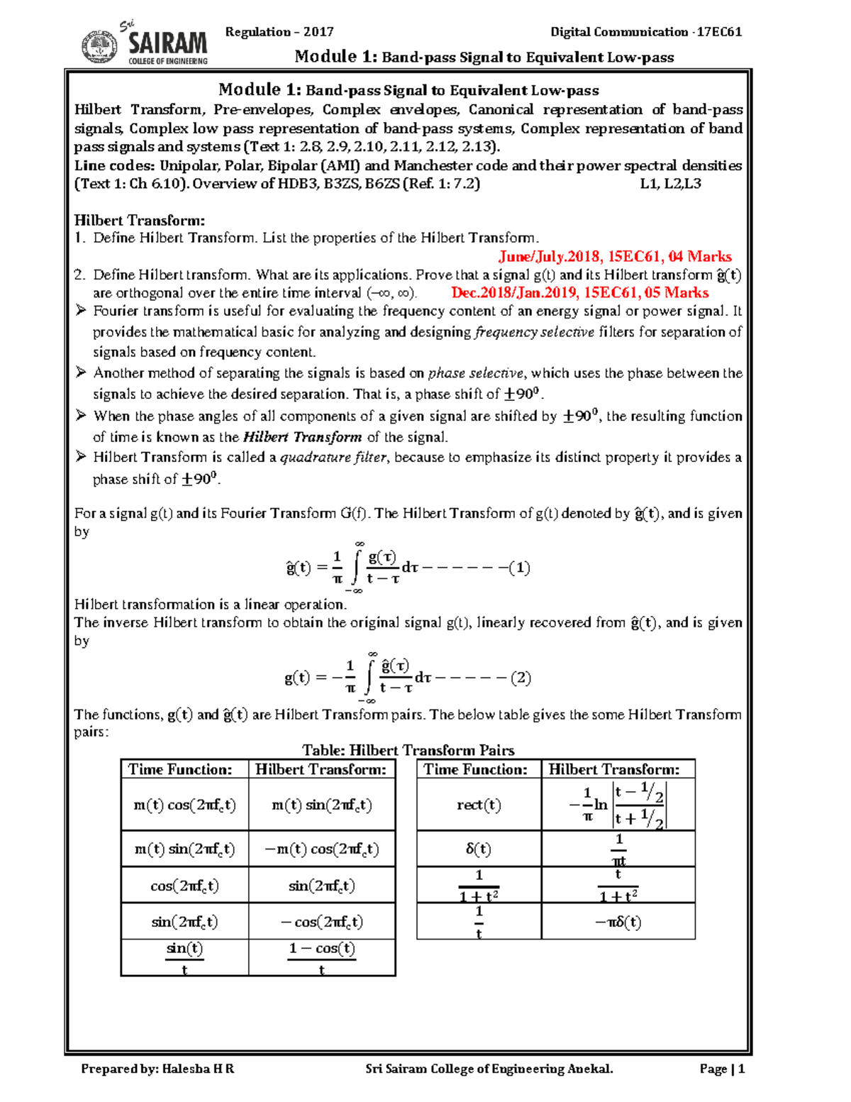 1st module notes 2022 - Module 1 : Band-pass Signal to Equivalent Low ...