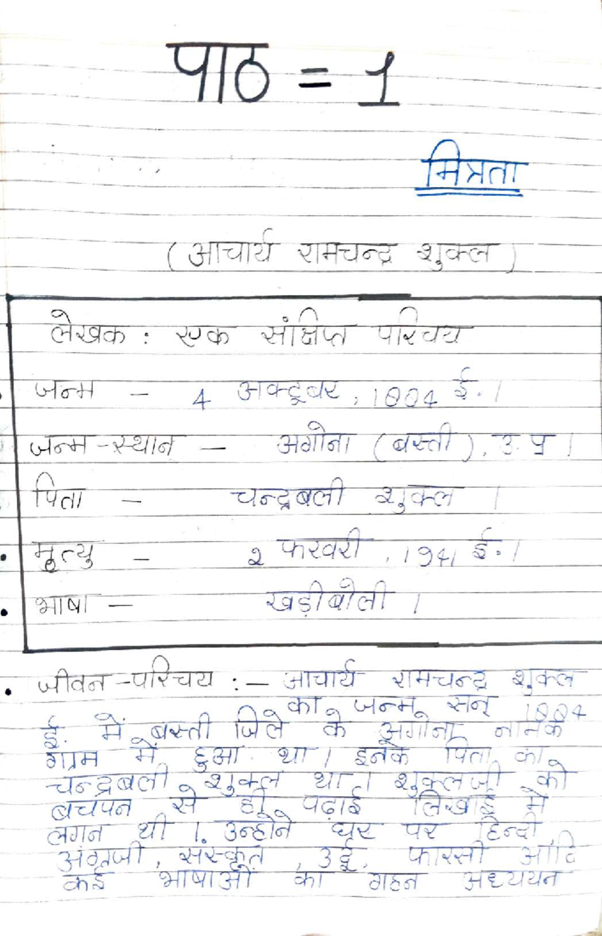PRR3H Class 10 Hindi Chapter 1 Notes: Lekhak Ka Jivan Parichay - Studocu