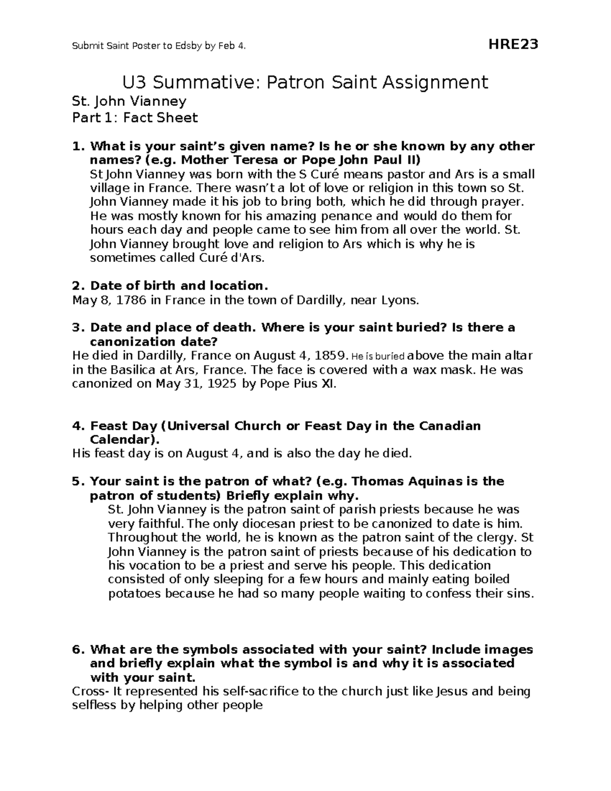 HRE23 U3 Summative: St. John Vianney Patron Saint Poster - Studocu