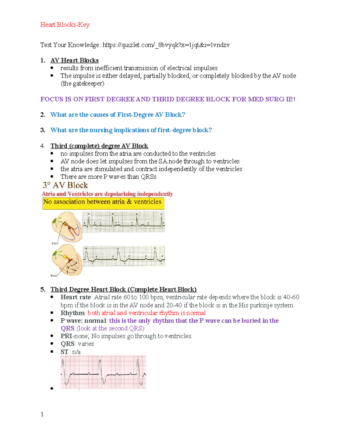 Heart Blocks Overview for Med Surg II - Quiz Notes - Studocu