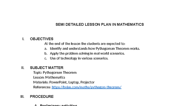 SEMI DETAILED LESSON PLAN: PYTHAGOREAN THEOREM (MATH 101) - Studocu