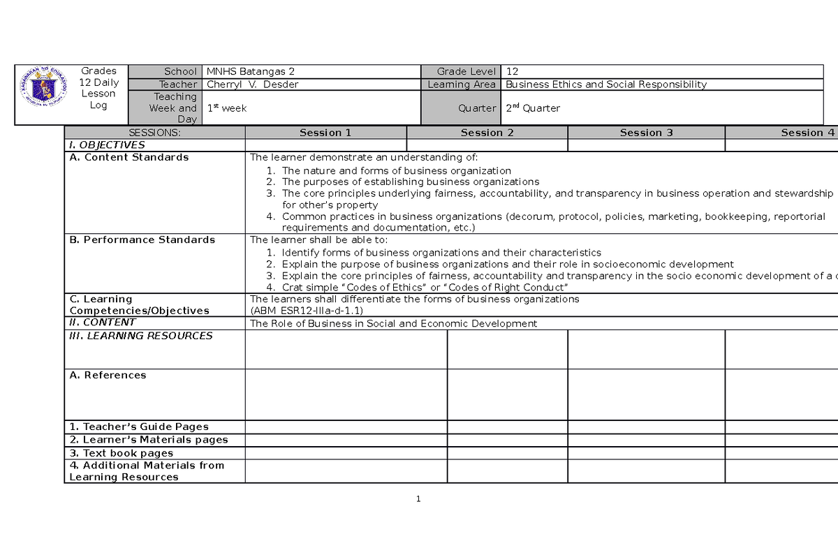 Business Ethics DLL Lesson Log - Week 1 Overview - Studocu