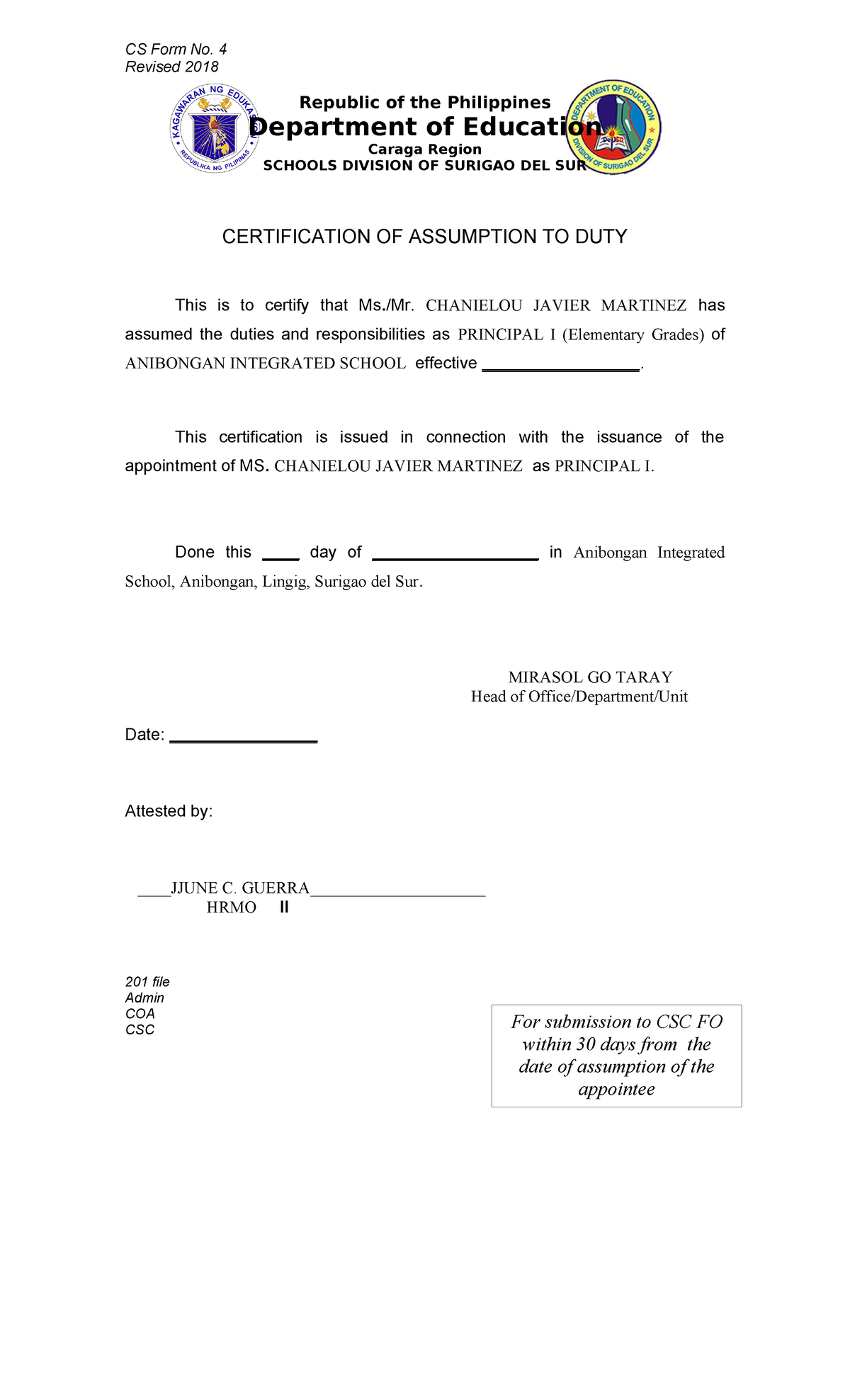 Certification of Assumption to Duty - CS Form No. 4 Revised 2018 ...
