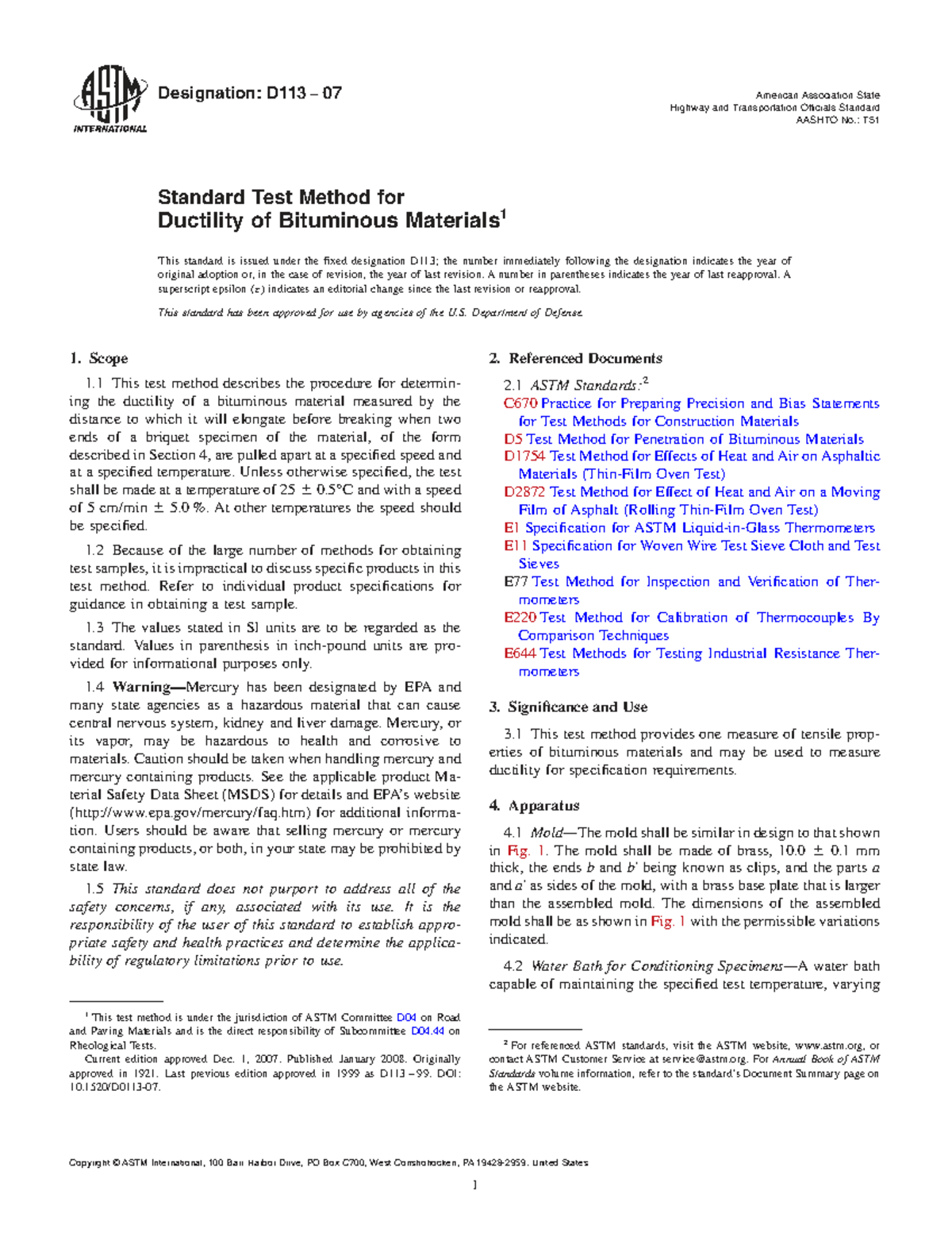 D113 07 Standard Test Method for Ductility of Bituminous Materials ...