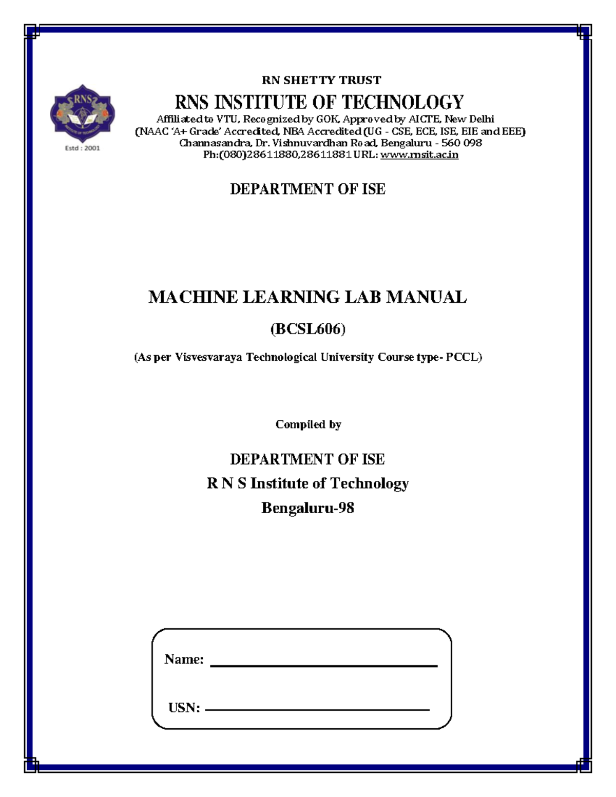 Machine learning lab manual (BCSL606) for ISE students - Studocu