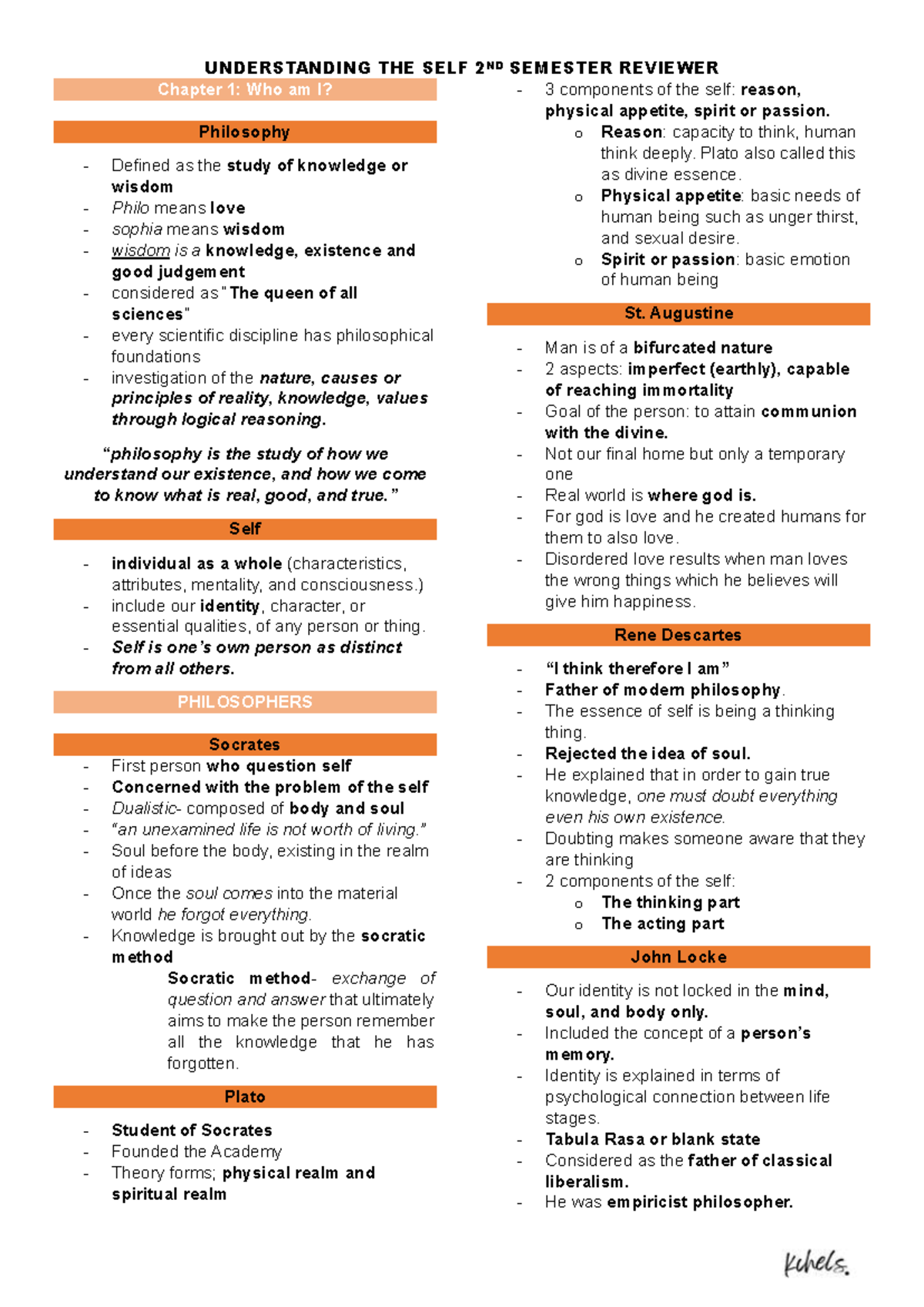 UNDERSTANDING THE SELF 2ND SEMESTER REVIEWER: Key Concepts and ...