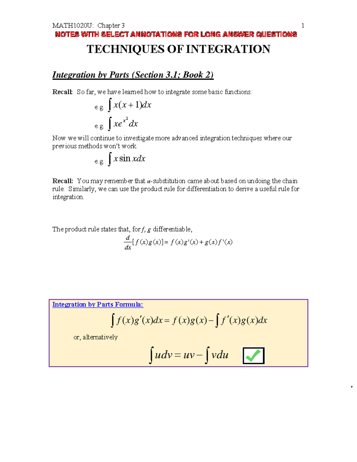 MATH1020U: Chapter 3 Techniques of Integration - Integration by Parts ...