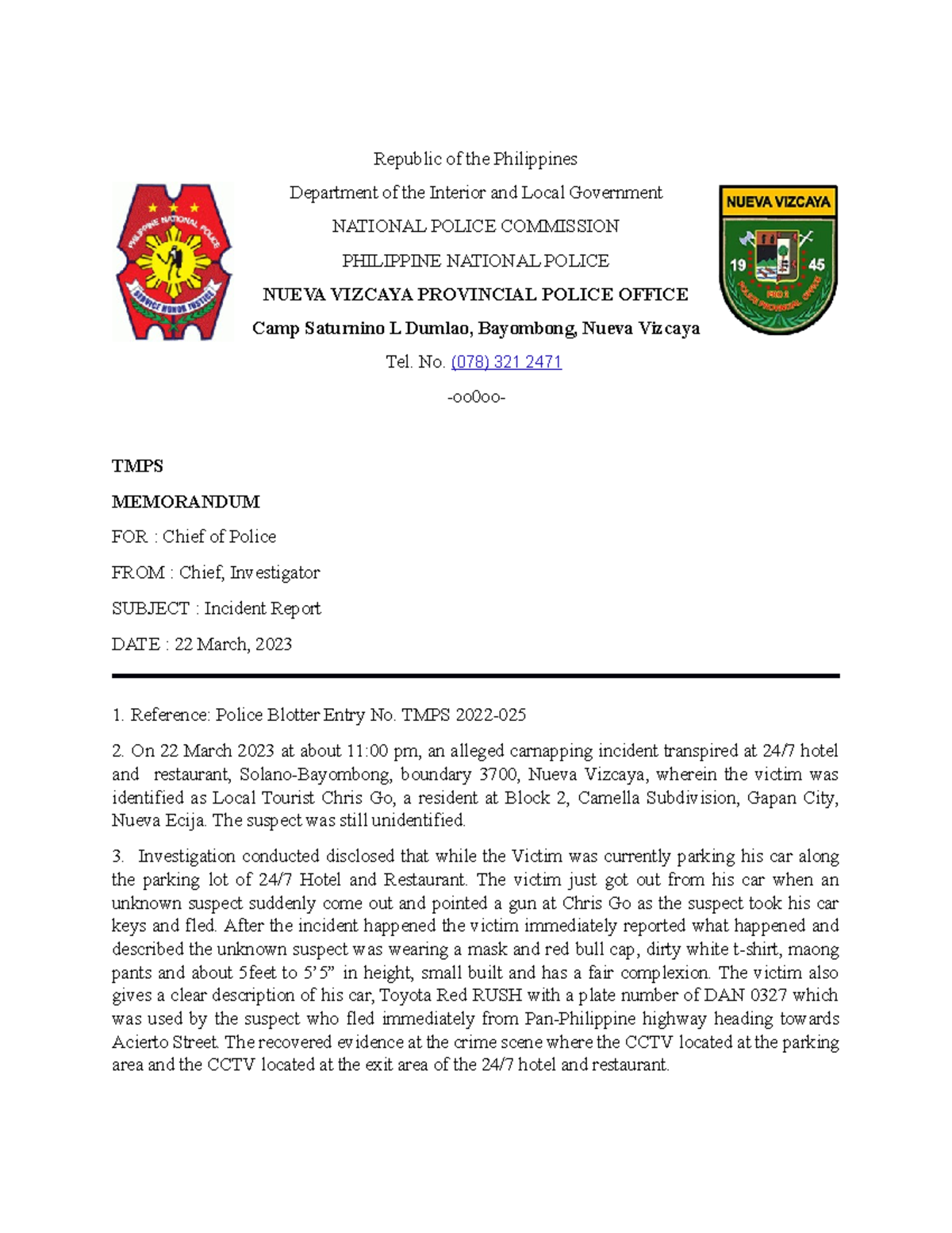 Incident Report on Carnapping - TMPS 2022-03-22 - Studocu