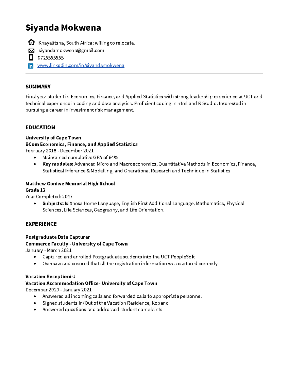 Final Year CV: Siyanda Mokwena - Economics & Finance (UCT) - Studocu