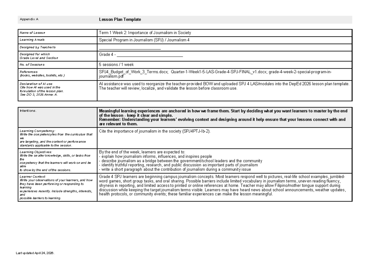 SPJ4 Term 1 Week 2 Lesson Plan: Importance of Journalism in Society ...