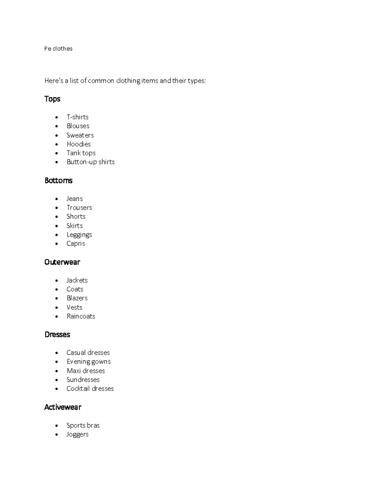 Pe clothes assignemt - Pe clothes Here's a list of common clothing ...