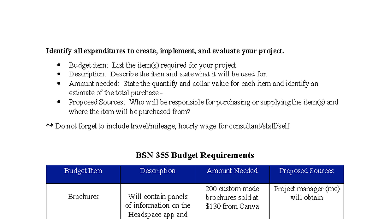 BSN 355 Budget Requirements for Capstone Project Implementation - Studocu