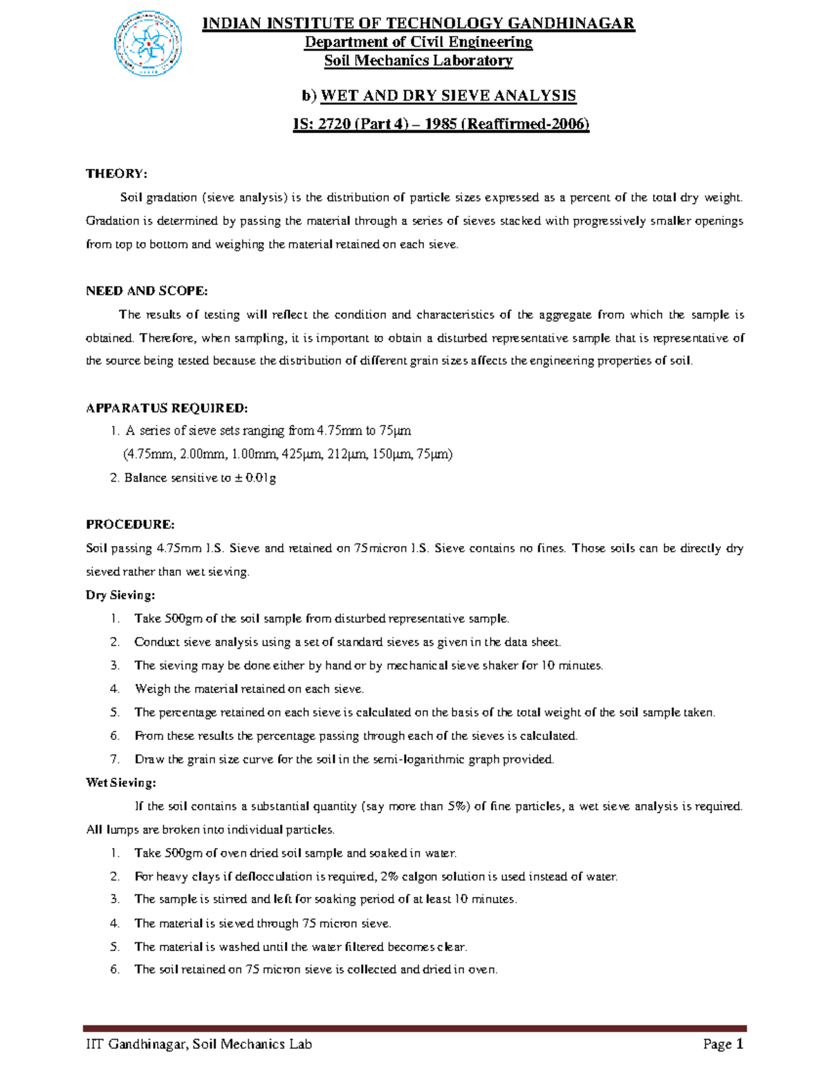 WET AND DRY SIEVE ANALYSIS LAB MANUAL - CIVIL 101 - Studocu