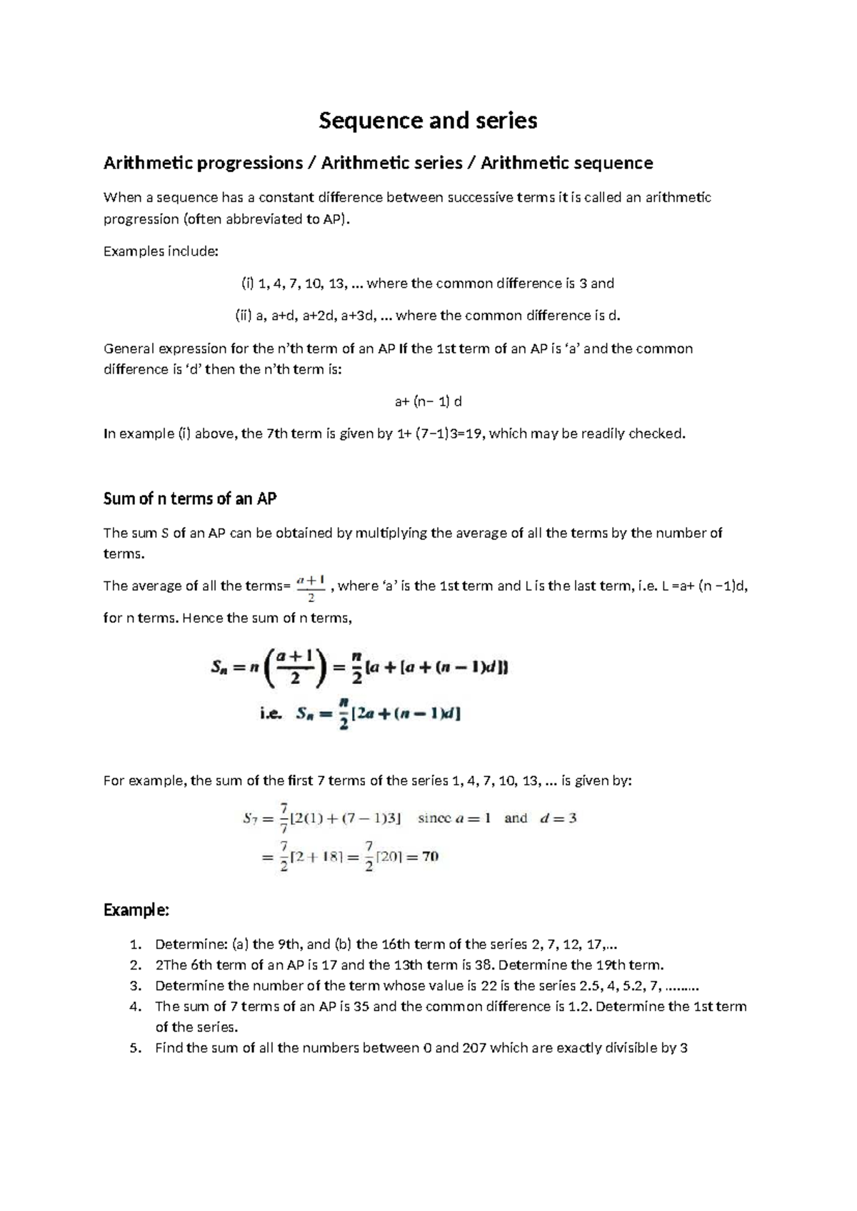 Mathematics Notes: Sequence and Series (AP) Overview - Studocu