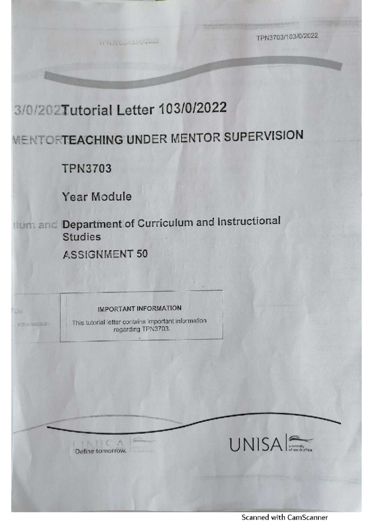 TPN3703 Assignment 50: Teaching Under Mentor Supervision Overview - Studocu