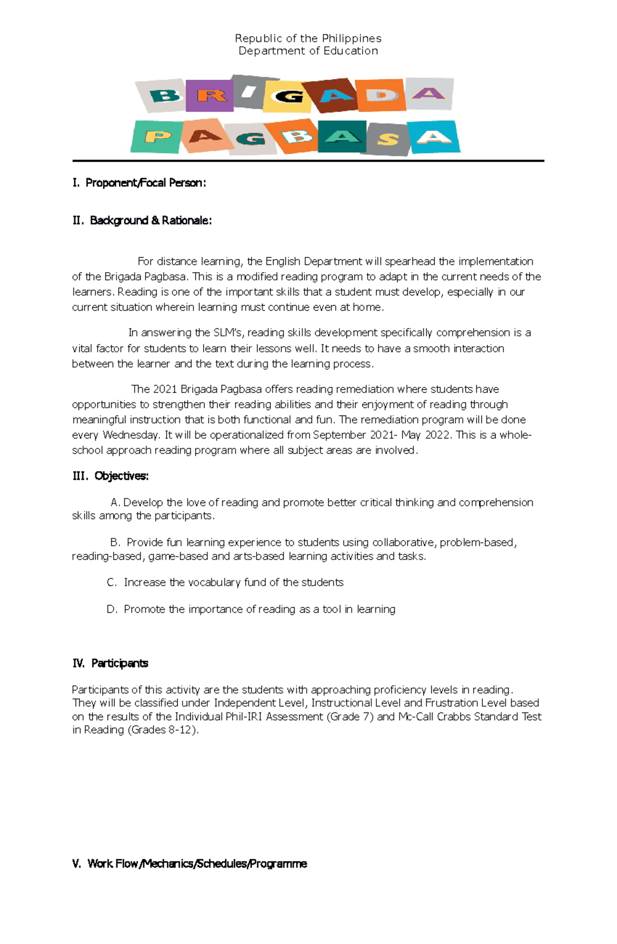 Brigada Pagbasa Reading Program Proposal for SY 2021-2022 - Studocu