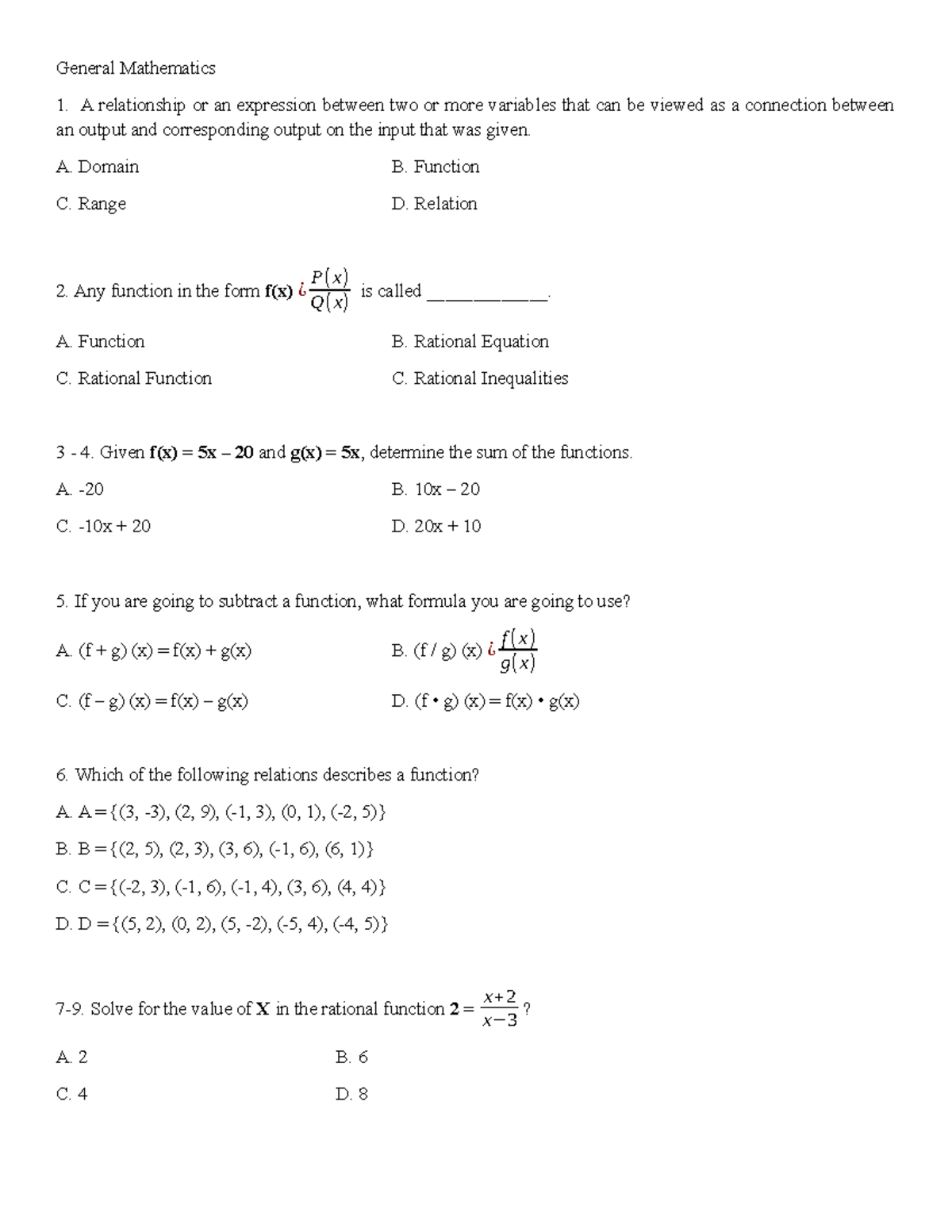 General Mathematics 1 - Functions, Relations, and Equations Notes - Studocu