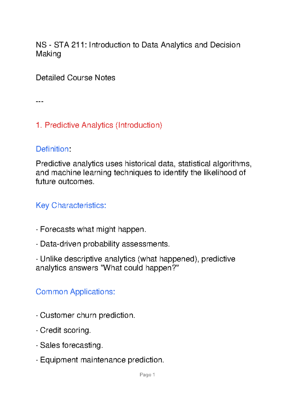 NS STA 211: Comprehensive Lecture Notes on Data Analytics & Decision ...