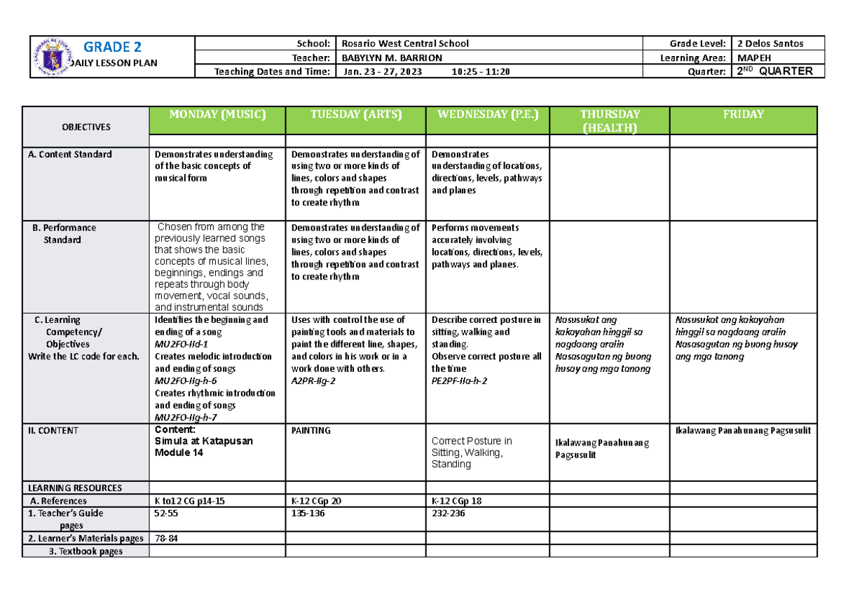 DLL Mapeh 2 Q2 W10 - Daily Lesson Plan for Music, Arts, PE, & Health ...