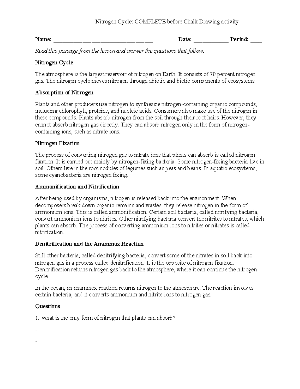 Nitrogen Cycle: Questions & Notes for Chalk Drawing Activity - Studocu
