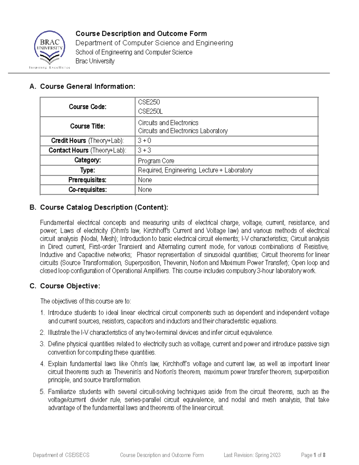CSE250 Circuits and Electronics Course Description & Outcomes Overview ...
