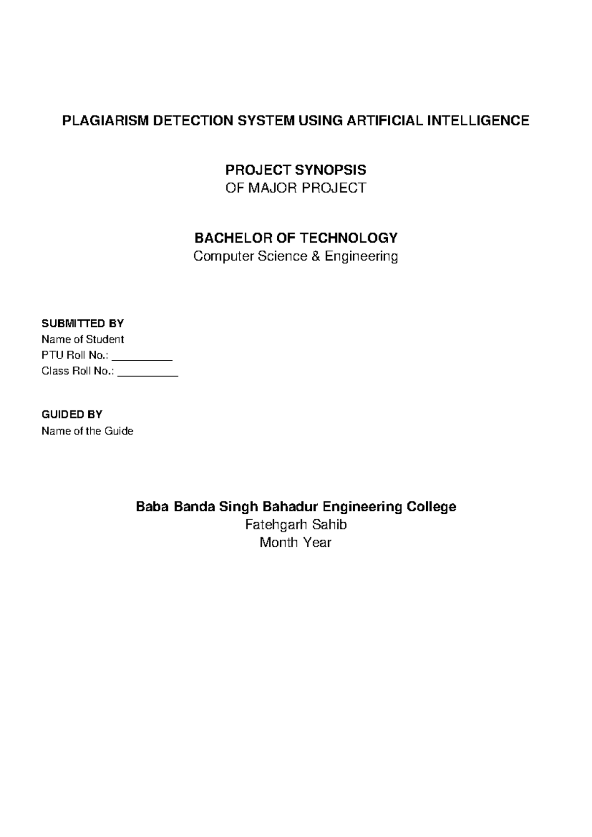 BTech Project Synopsis: AI-Based Plagiarism Detection System - Studocu