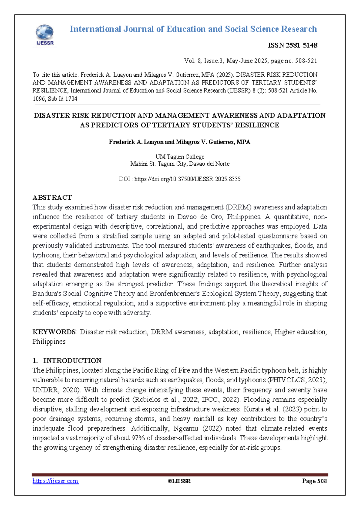 IJESSR 8(3) - Disaster Risk Reduction & Management Awareness in ...