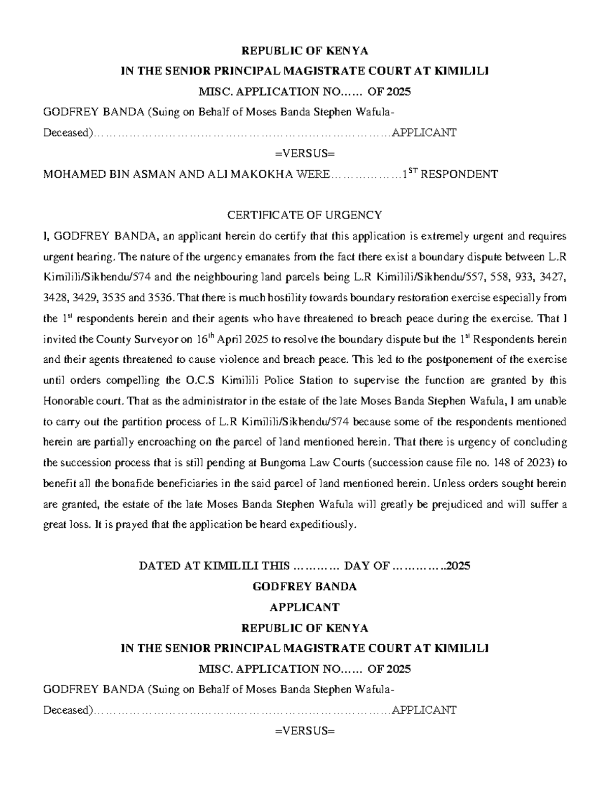 Certificate of Urgency in Misc. Application 2025 - Godfrey Banda - Studocu