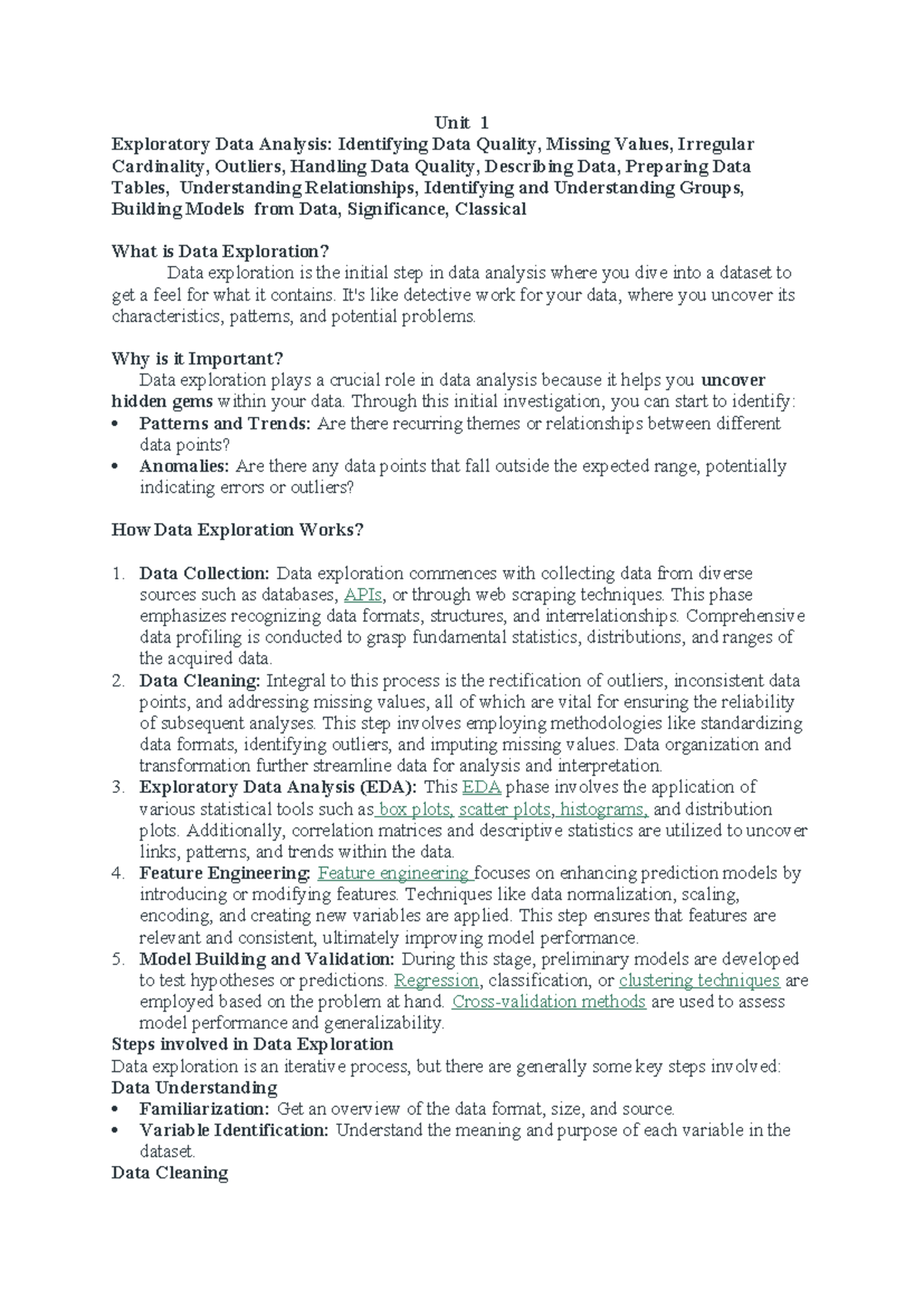 Data Exploration (Unit 1): Understanding Data Quality, Missing Values, and - Studocu