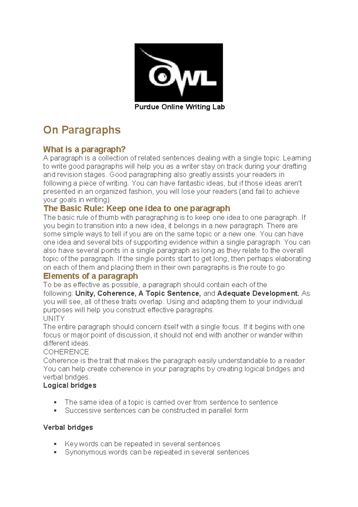 Purdue OWL: Effective Paragraph Writing Techniques - Studocu