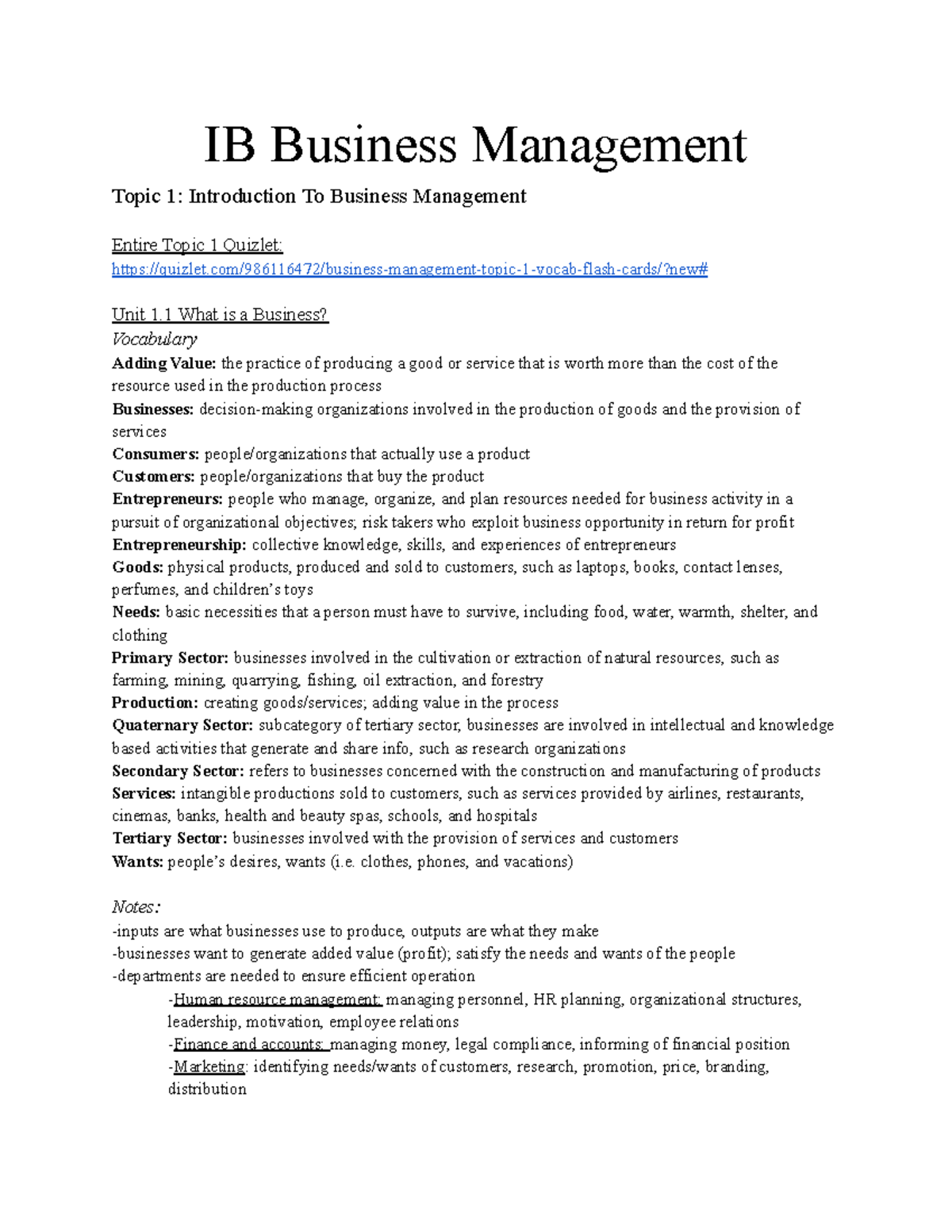 IB Business Management Topic 1: Key Definitions and Concepts Quizlet ...