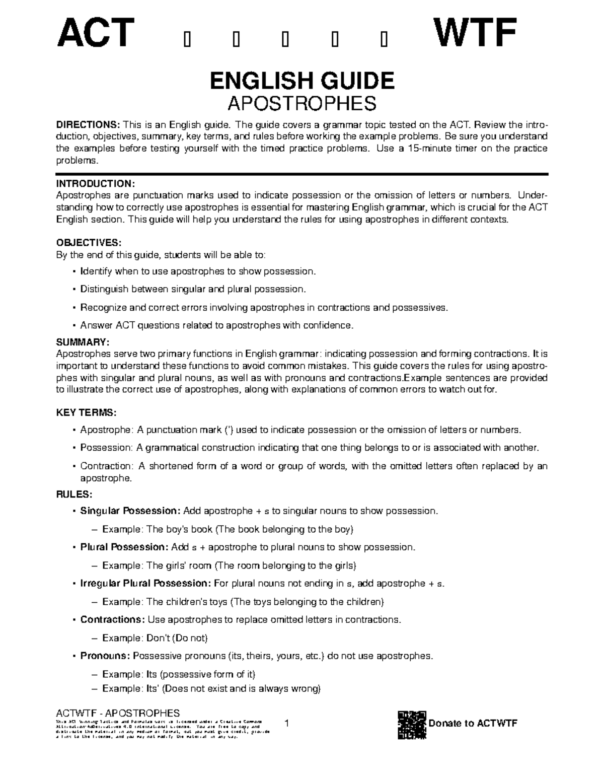 ACTWTF - APOSTROPHES STUDY GUIDE & PRACTICE PROBLEMS - Studocu