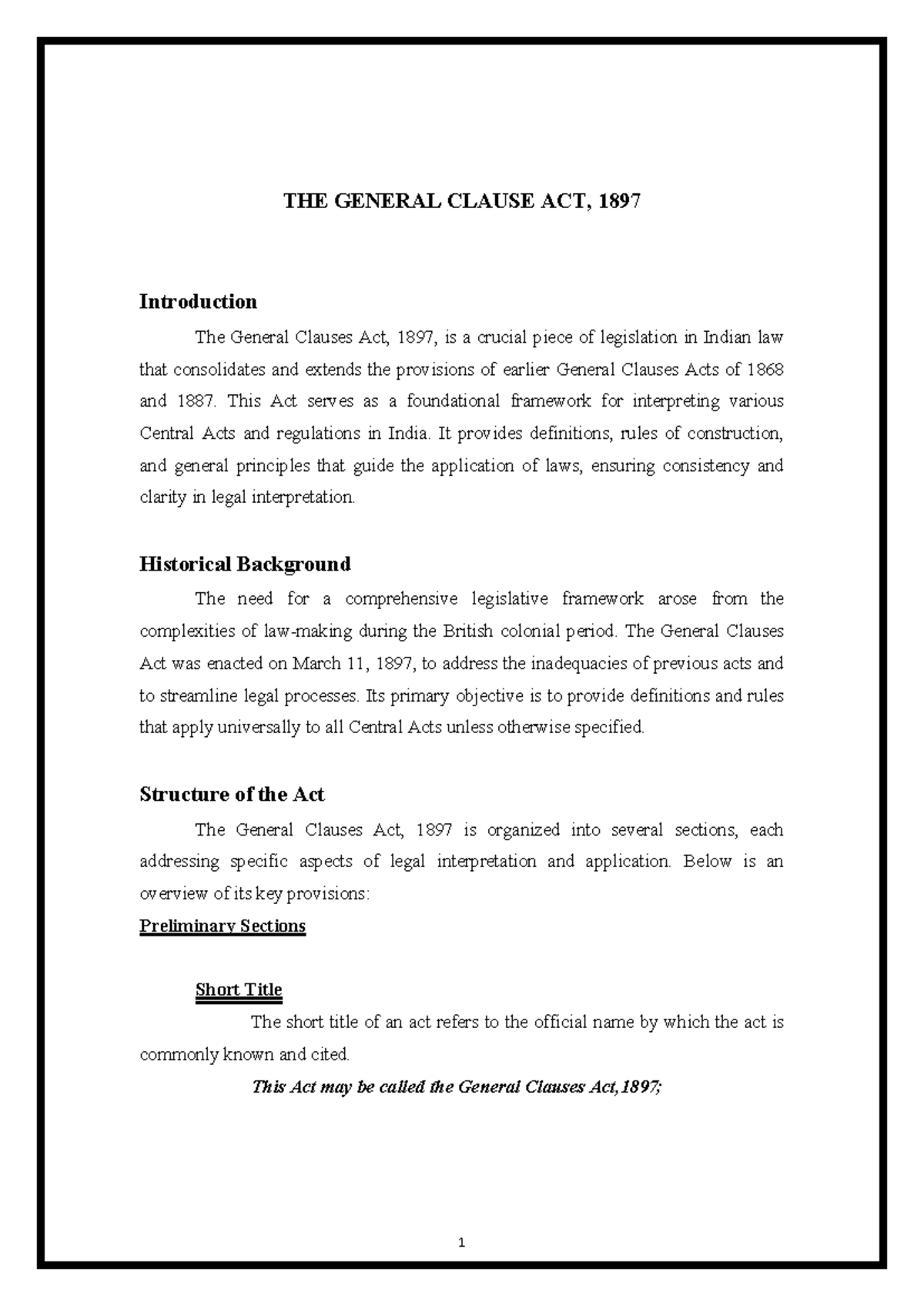 General Clauses Act, 1897: Overview and Key Provisions - Studocu