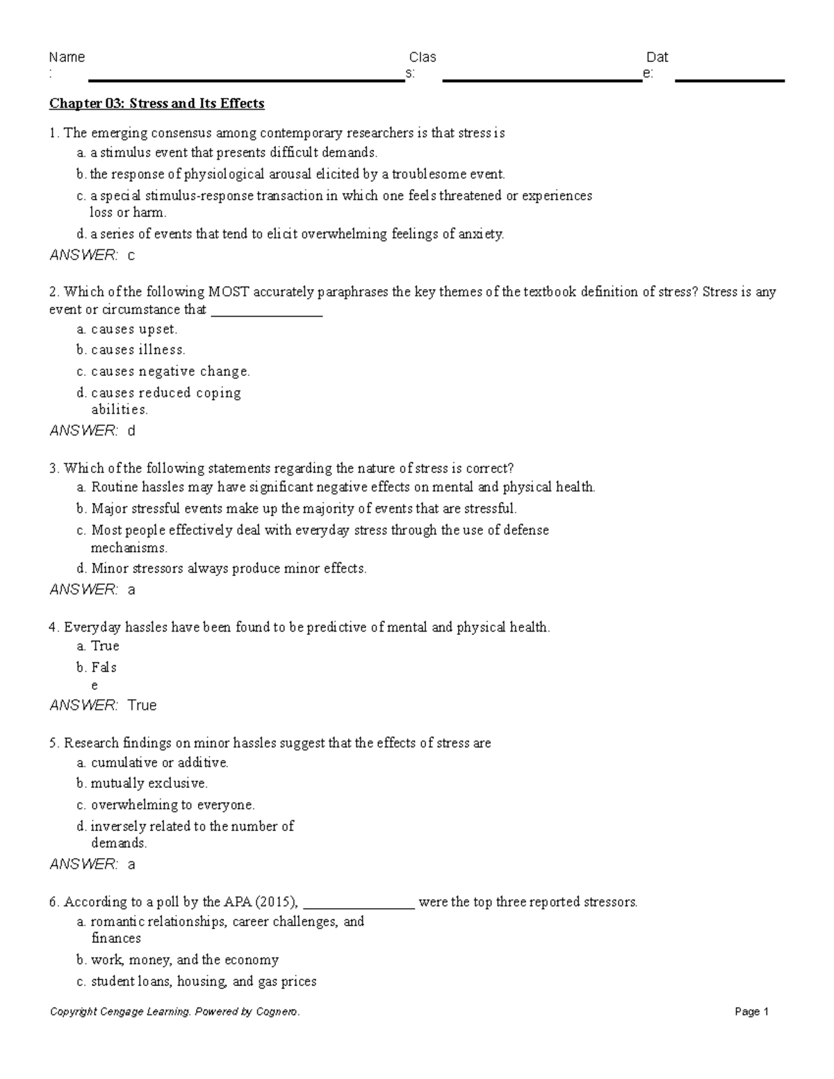 Chapter 03 - Stress and Its Effects - PSYCH 2035 Study Notes - Studocu