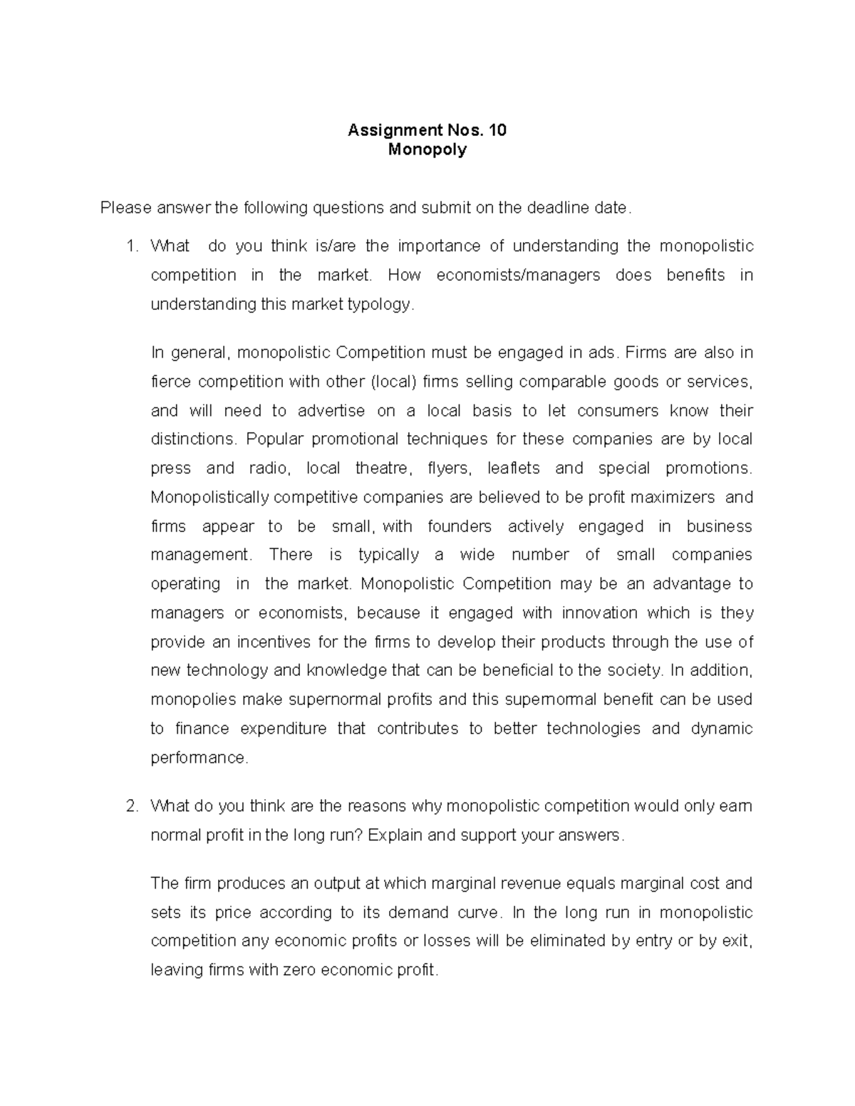 Assignment Nos. 10 Monopoly - Assignment Nos. 10 Monopoly Please answer ...