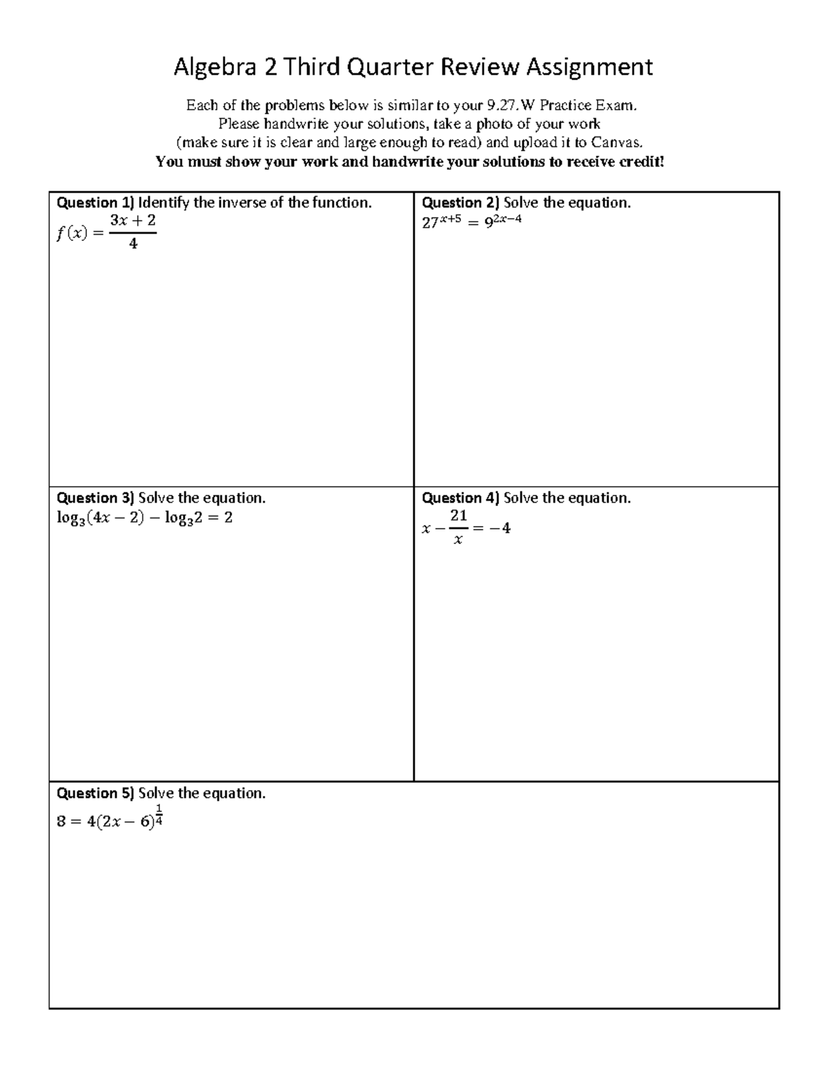 3rd Quarter review assignment - Algebra 2 Third Quarter Review ...