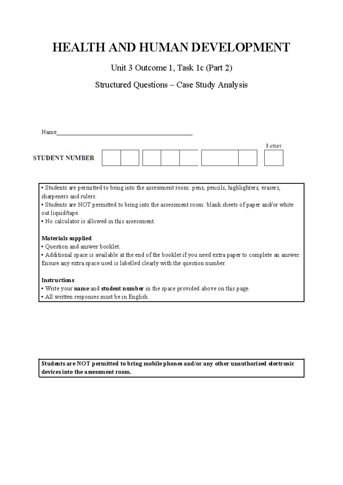 HEALTH AND HUMAN DEVELOPMENT Unit 3 Outcome 1 Task 1c: Case Study ...